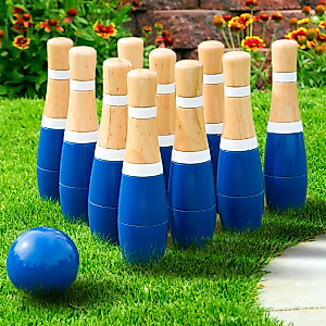 13-Piece Wood Bowling Set - Indoor/Outdoor Bowling Game for Adults and Kids Ages 3 and Up - 10 Wood Pins, 2 Balls, and Carrying Bag by Hey Play (Blue)