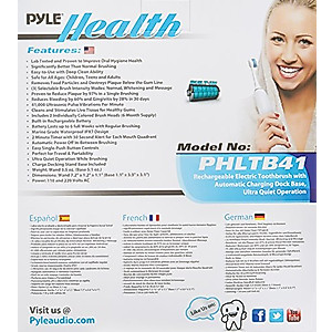 Pyle Health Ultra sonic Wave Rechargeable Electric Toothbrush with 3 brush modes, two minute timer, 2 Oral Brush Heads, Automatic Charging Dock Holder - For Kids, Teens, Adults - PHLTB41BK (Black)