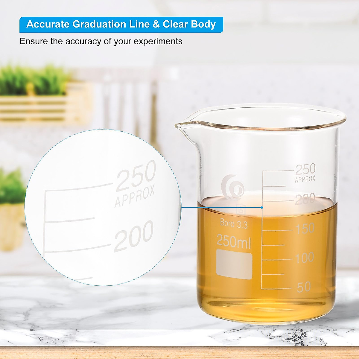 PATIKIL 250ml Low Form Glass Beaker, 2Pcs 3.3 Borosilicate Glass Beakers Graduated Measuring Cup with Stick Labels for Lab Experiment, Cooking, and Baking, Clear