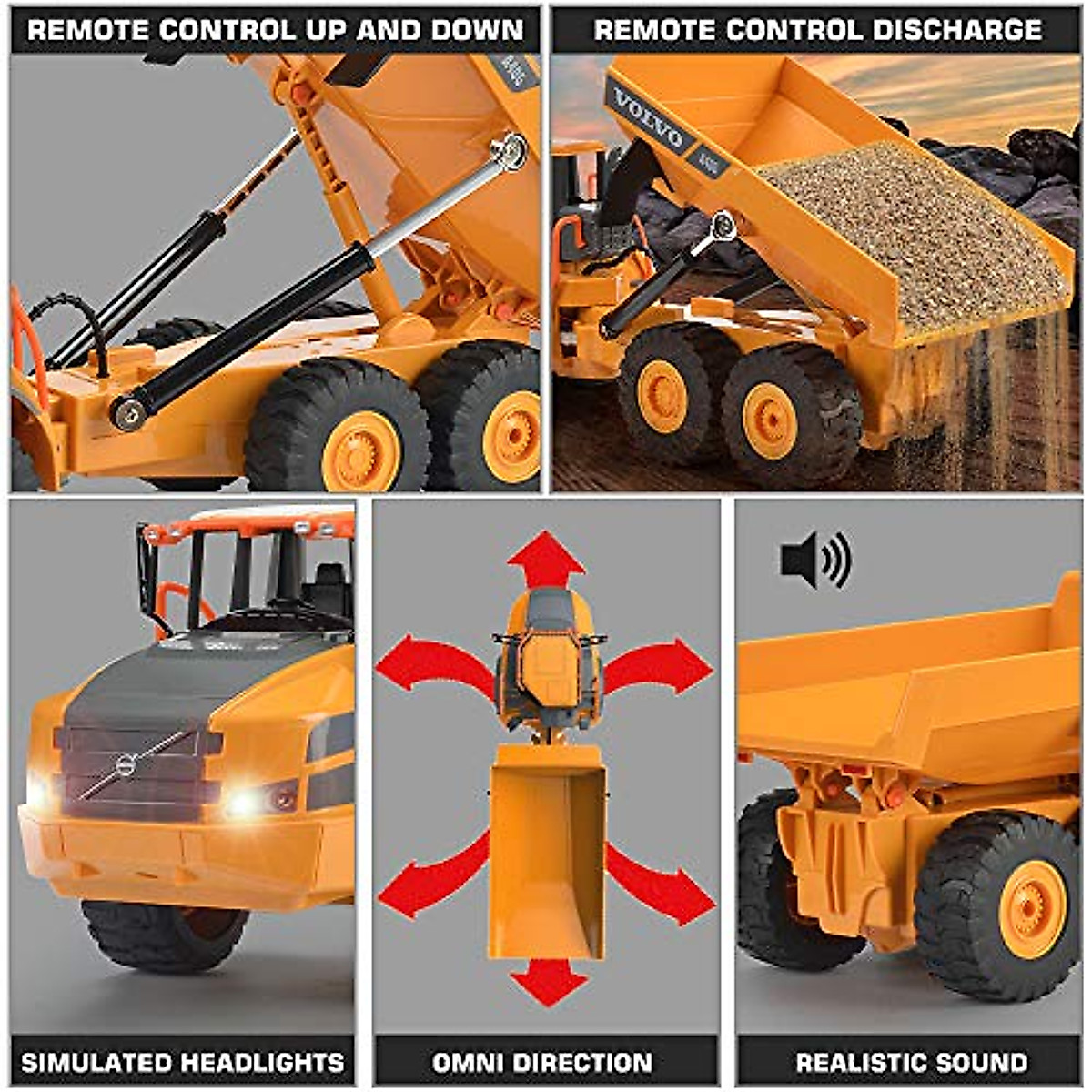 DOUBLE E Volvo RC Dump Truck Toy for Kids, Articulated Hauler, Remote Control Construction Toys Vehicles with Lights, Birthday Gifts Ideas for Boys Age 6 7 8 9 10 Year Old and up