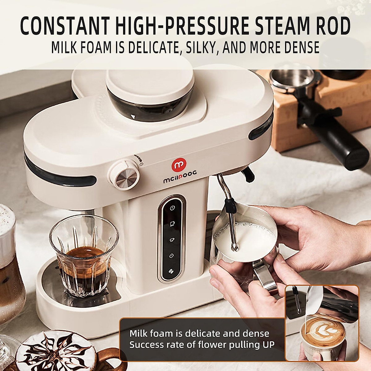 Mcilpoog AC510 15Bar Semi Automatic Espresso Machine With Grinder & Steam Wand,3-in-1 Compact Espresso Coffee Maker With 28 oz Removable Water Tank for Cappuccino or Latte,Gift for Dad(creamy white)