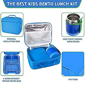 Bento Lunch Box Set With 10oz Soup Thermo, Leak-proof Lunch Containers with 4 Compartment, Kids Hot Thermo Food Jar/Insulation Lunch Bag, Food Containers for School （Solid）