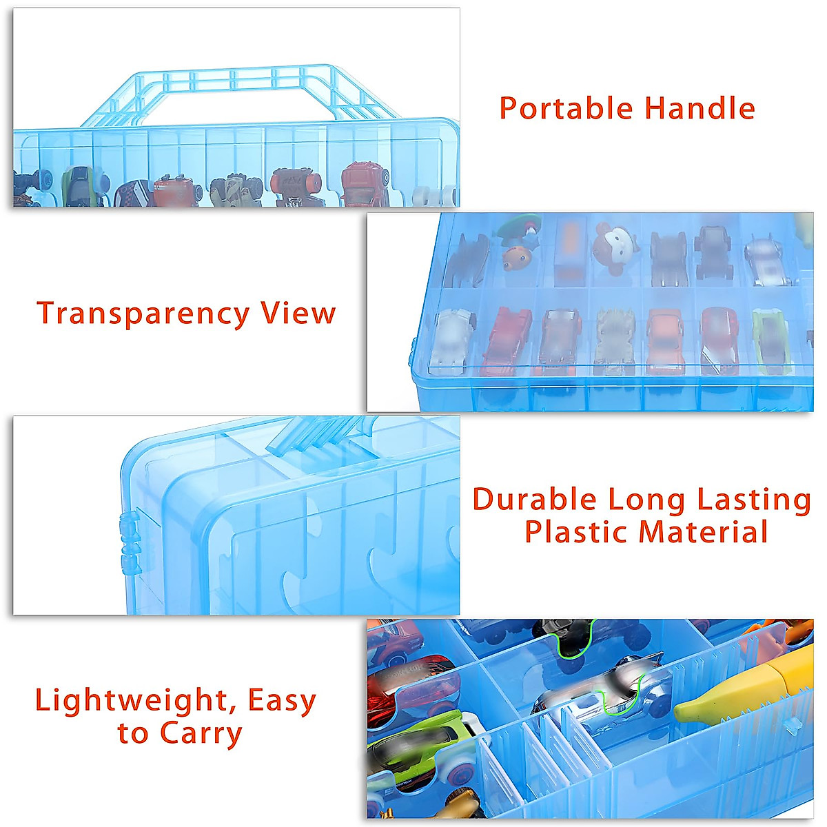 BTSKY Double Sided Toy Storage Organizer with 48 Compartments, Toy Organizer Carrying Case for Hot Wheels Car, Matchbox Cars, Mini Toys, Small Dolls, and more Mini Cars Collection(Blue)