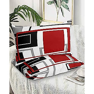 Edwiinsa Red Gray Black Geometric Pillow Covers King Standard Set of 2 20x36 Bed Pillow, Modern Abstract Art Aesthetics Plush Soft Comfort for Hair/Skin Cooling Pillowcases with Envelop Closure
