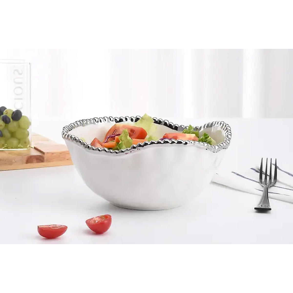 Pampa Bay Salerno Porcelain Salad Serving Bowl with Titanium-Plated Beaded Rim, Medium, White/Silver