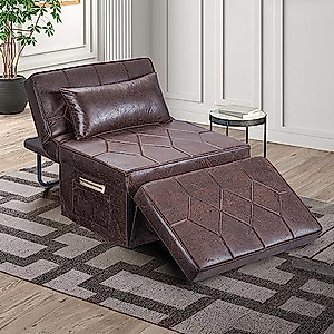 Litbird Sofa Bed, 4 in 1 Multi-Function Folding Ottoman, Couch Bed with Adjustable Backrest Convertible Chair for Living Room, Apartment, Office, Imitation Leather, Modern, Brown