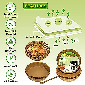 Air Fryer Disposable Liners: 50 pack, 7.9 Inches Disposable air fryer liners with Bamboo Tong. Round paper liners for air fryer basket, large size.
