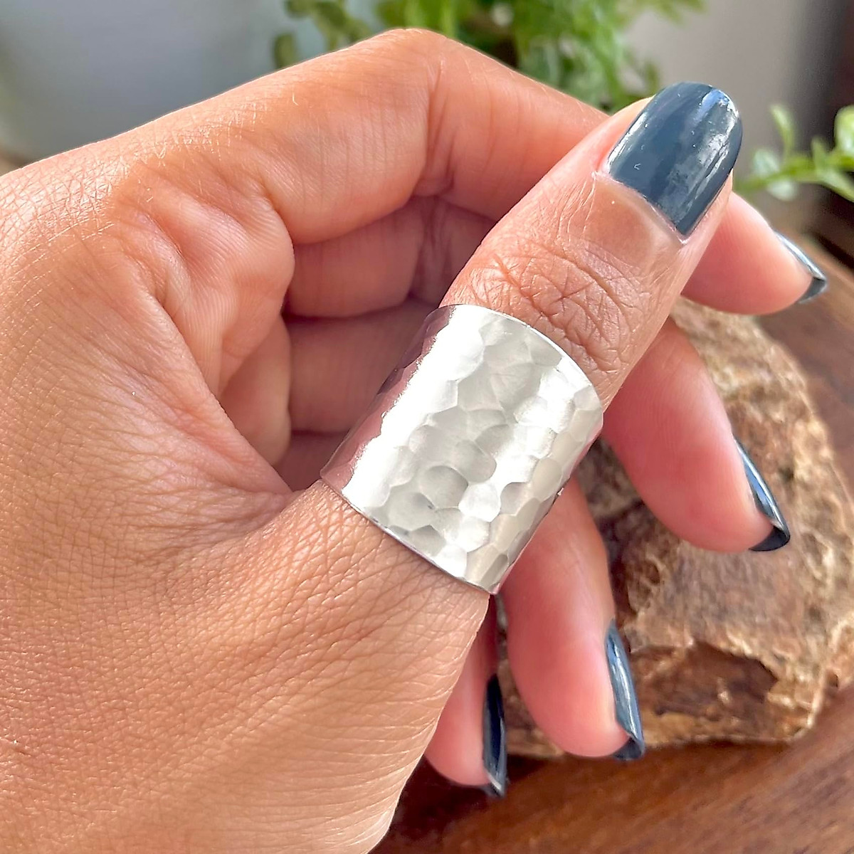 Hammered Sterling Silver Handmade Classic Wide Band Boho Statement Ring, Shiny Finish Wrap Band Adjustable to Sizes 6-12, Also as Thumb Ring, Gift for Her