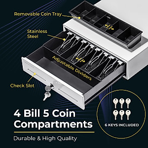 Volcora 13" Manual Push Open Cash Register Drawer for Point of Sale (POS) System - White with Stainless Steel Front Touch Panel - with 4 Bills and 5 Coin Slots, Fully Removable Money Tray