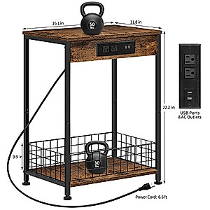 Vrisa Nightstand with Charging Station Bed Side Tables Set of 2 with USB Ports and Outlets Farmhouse Night Stand with Storage Basket Nightstands for Bedroom Living Room Industrial