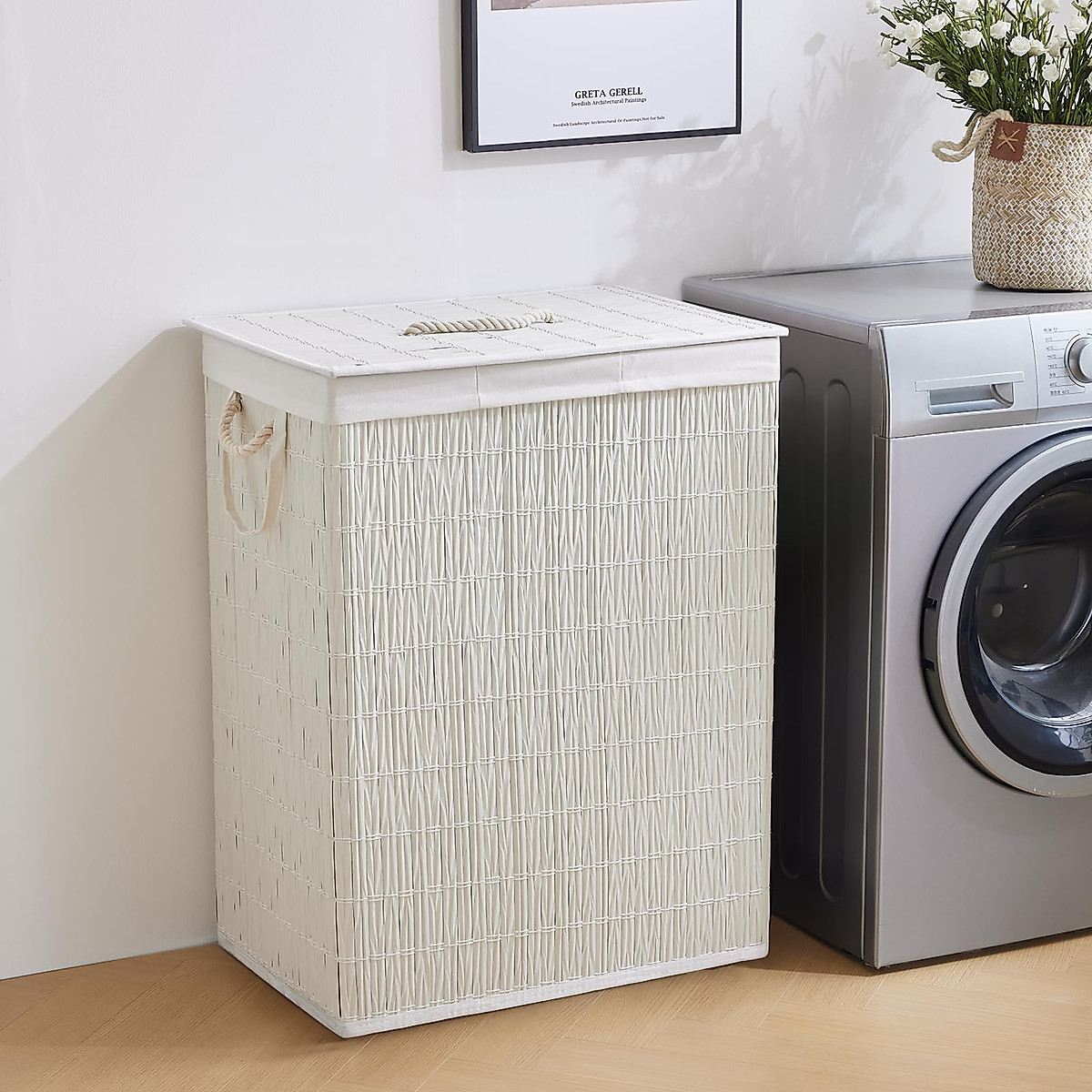 Laundry Hamper with Lid, 55.5 Gallon (210L), Large Handwoven Rattan Laundry Basket, 3 Section Clothes Hamper with Handles, 2 Removable Liner and Side Pocket, White