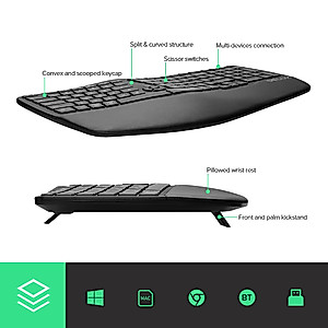 DeLUX Ergonomic Keyboard, Wireless Ergo Split Keyboard with Backlit for Natural Typing and Reduce Hands Pain, USB Receiver, BT5.0, Scissor Switch and Palm Rest for Windows and Mac(GM902A-Black)