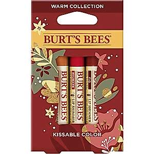 Burt's Bees Kissable Color Holiday Gift Set, 3 Lip Shimmers in Festive Gift Box, Warm Collection in Peony, Fig and Rhubarb