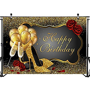 Mocsicka Black Gold Birthday Backdrop for Women 7x5ft High Heels Champagne Happy Birthday Banner Photo Studio Prop 20th 30th 40th 50th 60th Birthday Photo Backdrops