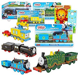 Thomas and Friends Motorized Train Set - 6 Pc Bundle with Thomas, Emily, Hiro, and Carly Trains Plus Daniel Tiger Stickers, More | Thomas and Friends Motorized Engines