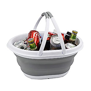 SAMMART 11L (2.9 Gallon) Collapsible Basket with Handle - Portable Outdoor Picnic Basket / Crater - Foldable Shopping Bag - Space Saving Storage Container (Lake Green + Grey)