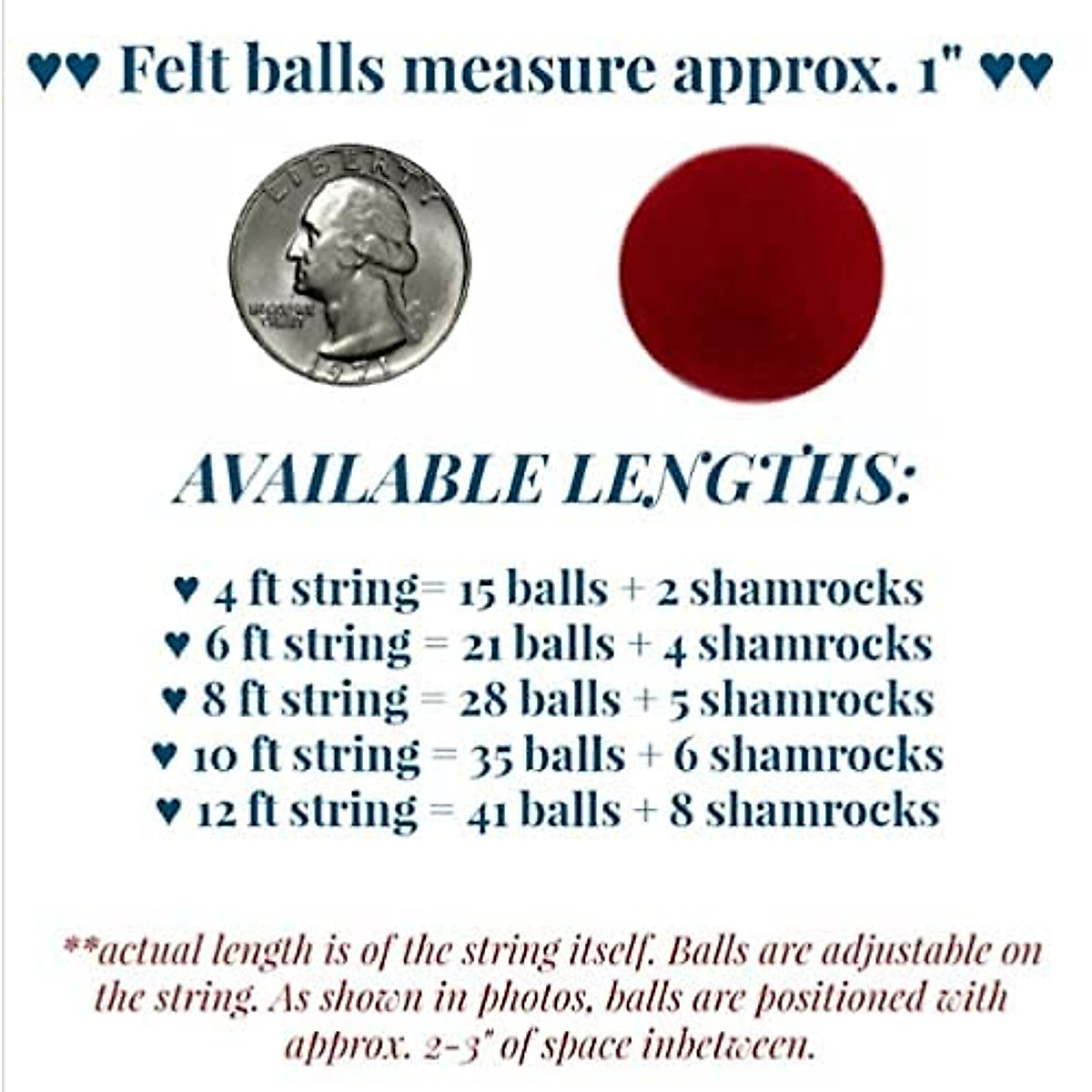 Shamrock St. Patrick's Day Felt Ball Garland- Green, White- 1" (2.5 cm) Wool Felt Balls