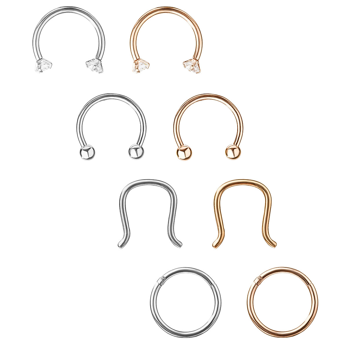 YOVORO 16G 3-4PCS 316L Stainless Steel Septum Piercing Nose Rings Hoop Cartilage Tragus Retainer Body Piercing Jewelry 8-10MM (e: 8pcs Silver-Tone+Rose Gold 8mm)