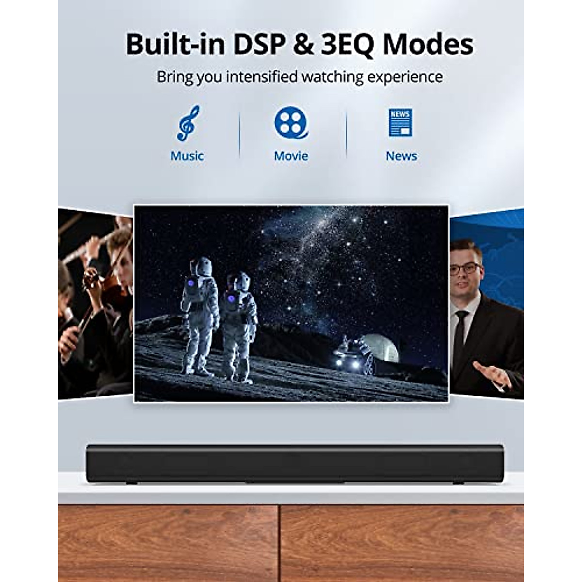 Sound Bar, SOUNDWINGS 26-Inch Soundbar for TV, 3D Surround Sound Audio System, Bluetooth 5.1/USB Connectivity, Button/Remote Control, for 4K & HD TV, 3 Equalizer Mode for Home Theater/Gaming/Projector