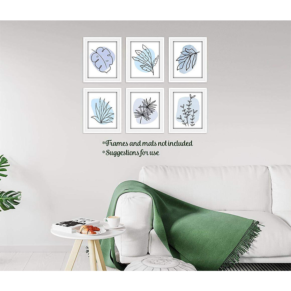Botanical Prints - Minimalist Line Art Leaf Prints 8x 10 (Set of 6) - Aesthetic Art Posters - Abstract Plant Decor - Unframed (Blue)