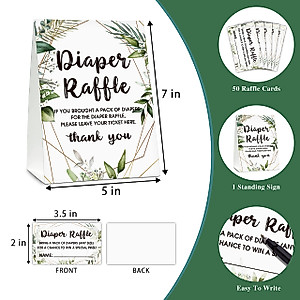 Diaper Raffle Baby Shower Game Set(1 Standing Sign + 50 Guessing Cards), Greenery Diaper Raffle Tickets for Baby Shower, Gold Foil Baby Shower Party Favor Decor - A14
