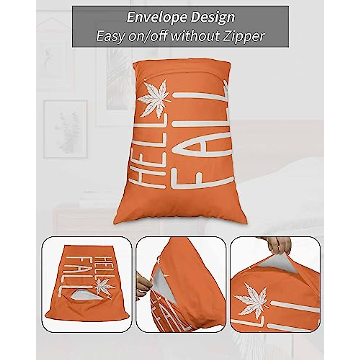 Edwiinsa Hello Fall Pillow Covers King Standard Set of 2 Bed Pillow, Rustic Orange Autumn Maple Leaf Plush Soft Comfort for Hair/Skin Cooling Pillowcases with Envelop Closure 20''x36''