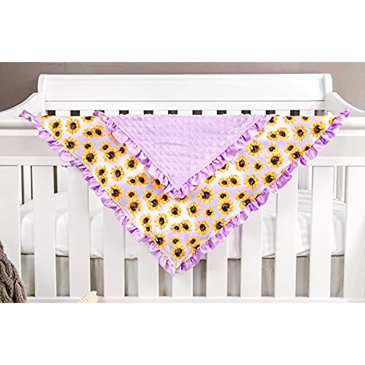 Top Tots Baby Blanket - Small Sunflowers with Purple Minky Dot & Satin Ruffle, 31 x 31 Inch Yellow
