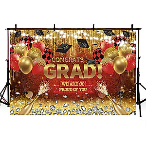 AIBIIN 7x5ft Congrats Grad Backdrop Red Gold Glitter Diamond Graduation Photography Background Class of 2023 Celebration Prom Party Decorations Congratulations on Graduation Banner Photoshoot Props