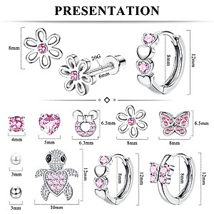 Thunaraz 10 Pairs Hypoallergenic Screwback Earrings for Women 316L Stainless Steel CZ Heart Hoop Earrings Cute Flower Butterfly Screw Back Stud Earrings Set 20G