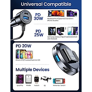 MOKPR 5 Multi USB Car Charger, 98W Fast Car Charger Adapter for Multiple Devices, PD & QC3.0 Cigarette Lighter Adapter Car Cell Phone Charger with 5FT Cable for iPhone 14/13 iPad Samsung Android