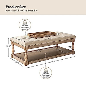 HULALA HOME Rectangle Ottoman Coffee Table with Tray, Tufted Living Room Ottoman with Solid Wood Storage Shelf, Upholstered Large Footrest Ottoman - Linen