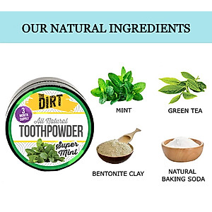 The Dirt - Remineralizing Tooth Powder, Natural Fluoride-Free Teeth Whitening Powder with Hydroxyapatite, Flouride & Gluten Free, Organic Vegan (Super Mint, 25g: 3 Month Supply)