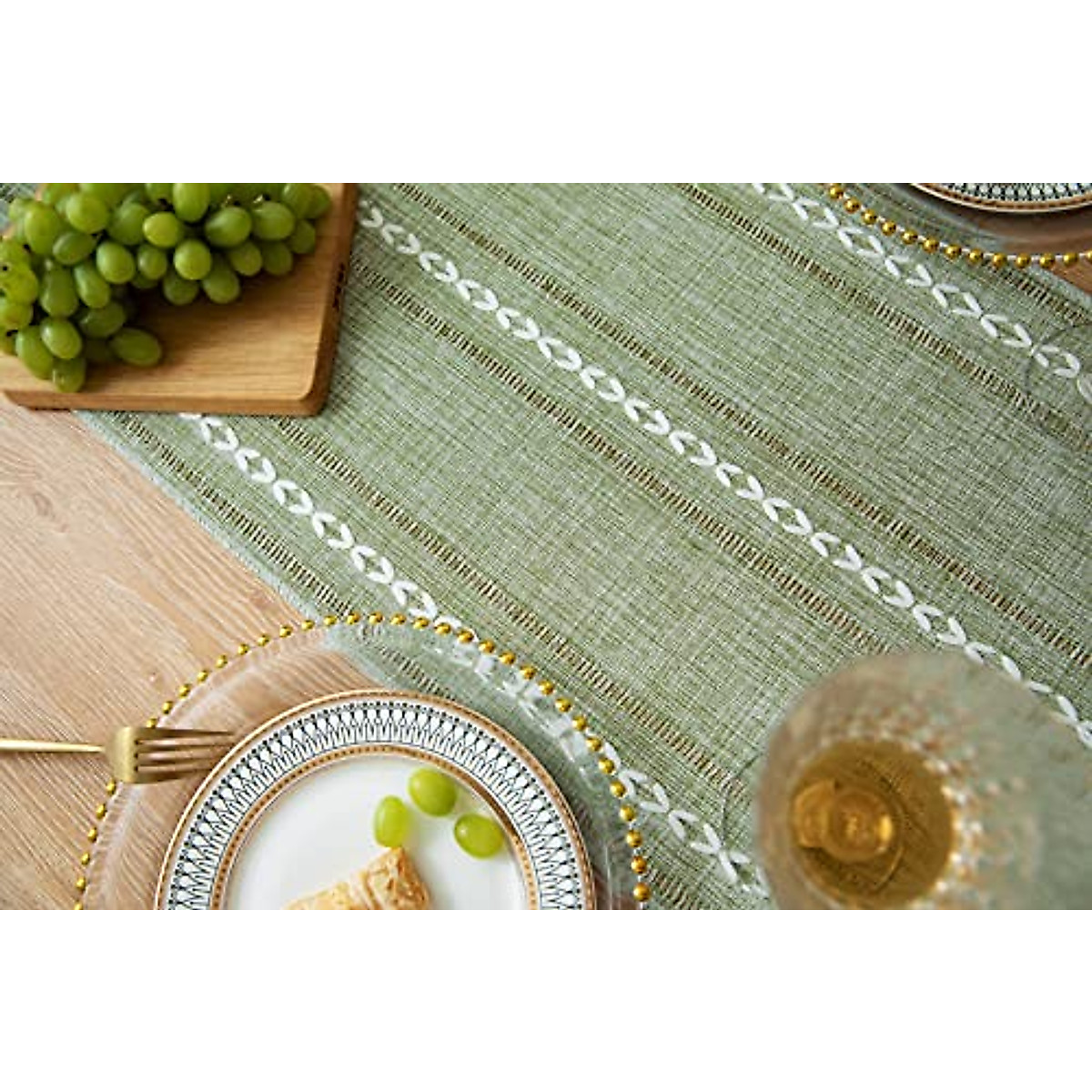 ZeeMart Farmhouse Table Runner, Rustic Table Runners 72 Inches Long, Linen Boho Table Runner, Braided Striped Green Table Runner for Dining Party Holiday, 15x72 Inches, Hollow Grass Green