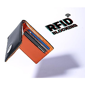 Mens Wallet with AirTag Holder, Slim Genuine Leather Bifold AirTag Wallet with Money Pocket, RFID Blocking, 9 Card Slots, Bill Divider, ID Window (Black & Orange)