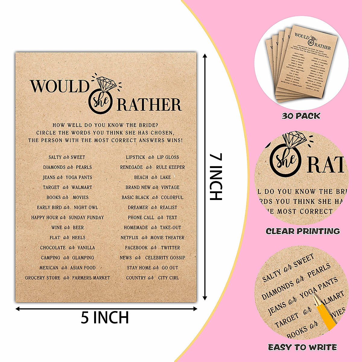 Bridal Shower Game Set - Would She Rather Party Game Cards for Wedding - Kraft Rustic Wedding Party Favor Decor - Unique Engagement/Bachelorette Party Games Supplies & Activities - 30 Game Cards