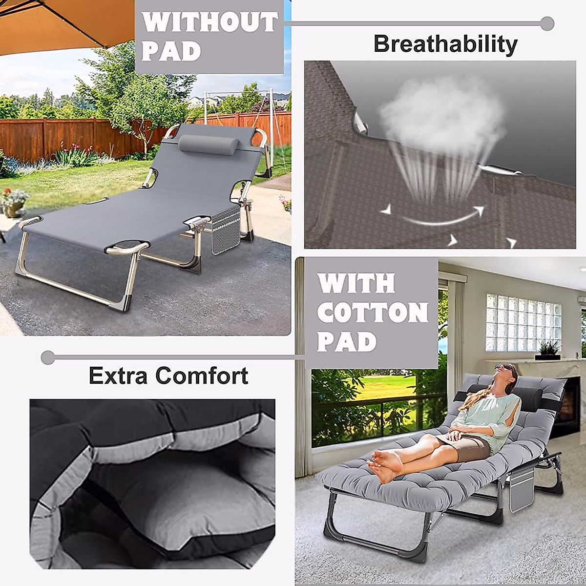 SKYXIU Folding Lounge Chair 5-Position,Portable Outdoor Chaise Lounge Chair,Camp Bed for Adults with Mattress and Headrest for Poolside Backyard Beach,Pool Beach Patio Sunbathing 440lbs Capacity