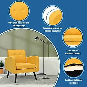 S AFSTAR Modern Upholstered Armchair, Mid-Century Fabric Accent Chair with Rubber Wood Legs, Leisure Lounge Chairs Living Room Furniture (1, Yellow)