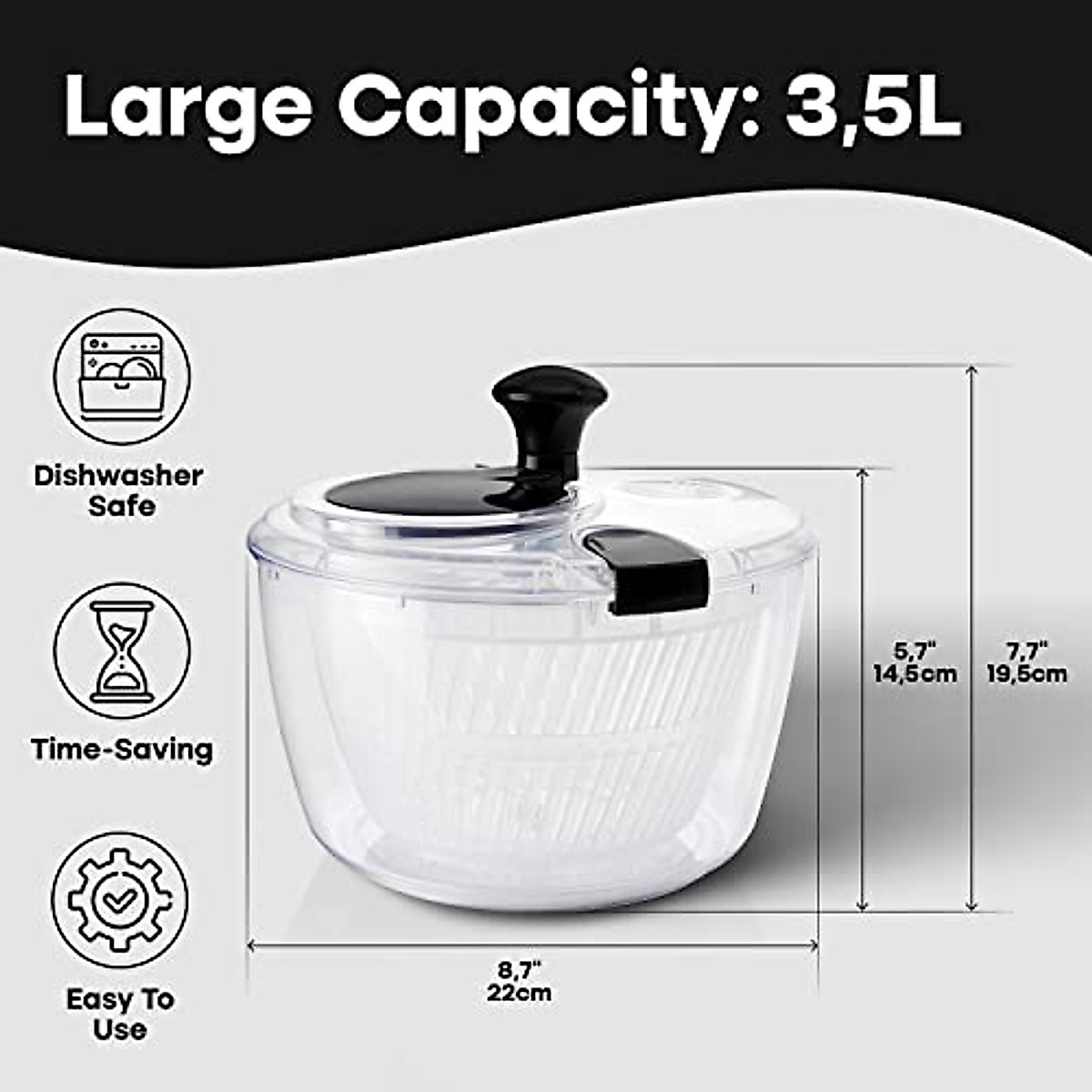 Joined Salad Spinner with Drain, Bowl, and Colander - Quick and Easy Multi-Use Lettuce Spinner, Vegetable Dryer, Fruit Washer, Pasta and Fries Spinner - 3.7 Qt