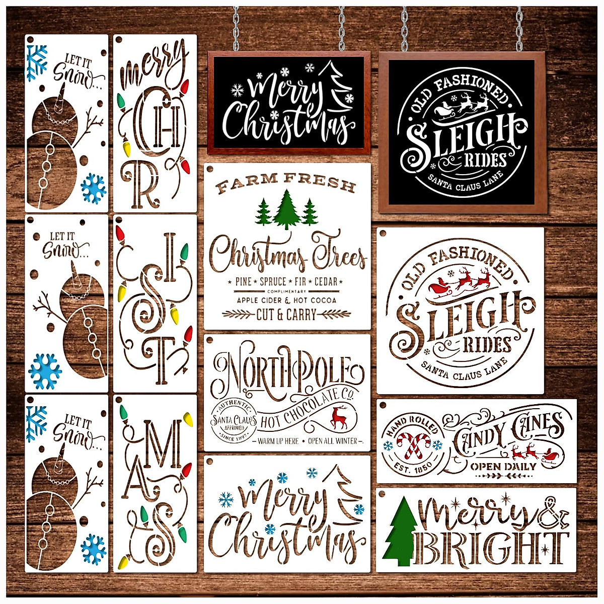 Christmas Stencils for Painting on Wood Large Xmas Merry Christmas Stencil Reusable for Paint Crafts Wall Porch Sign Glass Fabric Door (12 Christmas Sign 1)