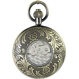 OGLE Waterproof Luminous Magnifier Tourbillon Moon Sun Chain Fob Self Wind Automatic Mechanical Pocket Watch (Bronze Black)