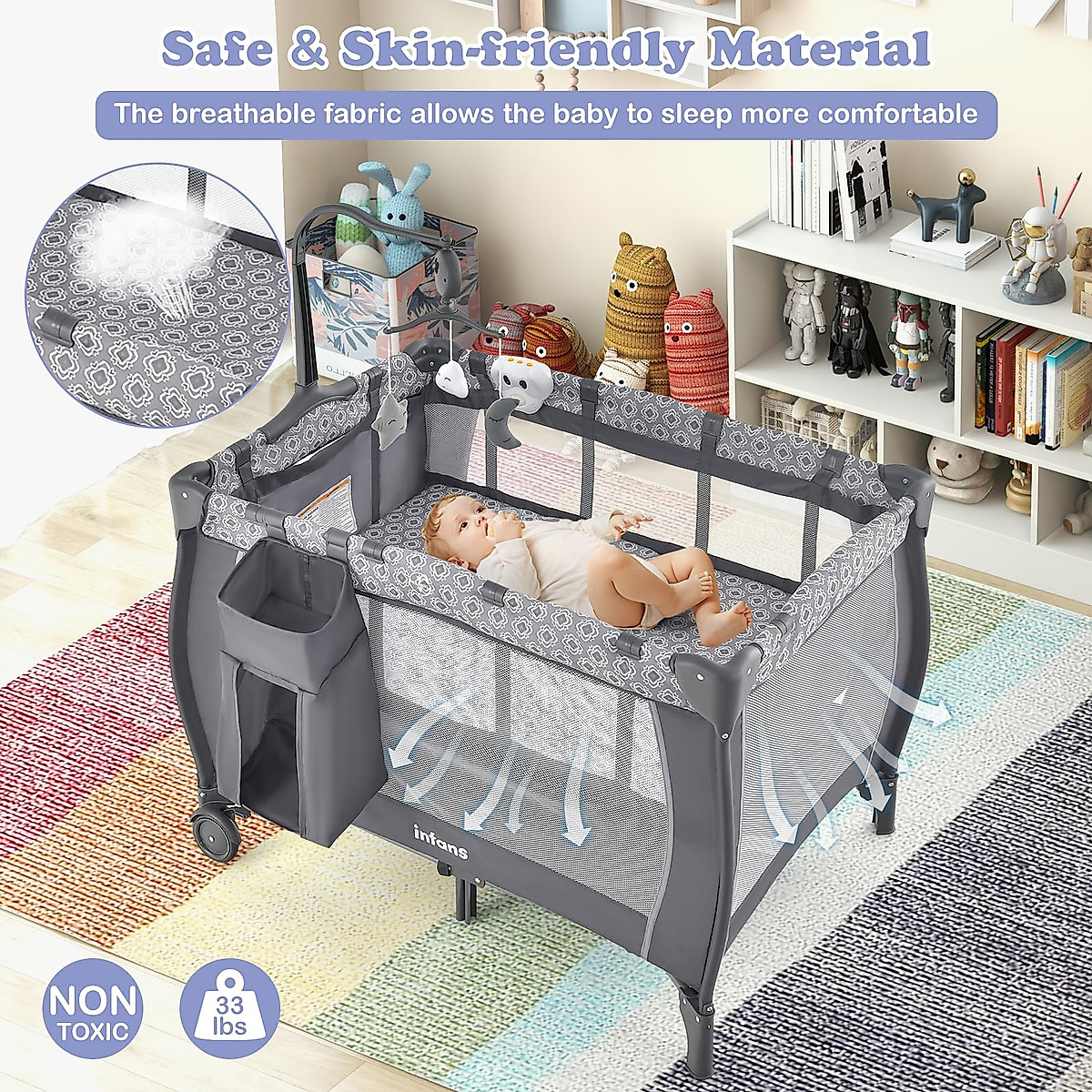 INFANS 3 in 1 Pack and Play, Portable Travel Baby Crib Bassinet with Detachable Mattress, Newborn Changing Table, Foldable Playpen with Carry Bag and 2 Wheels (Classic)