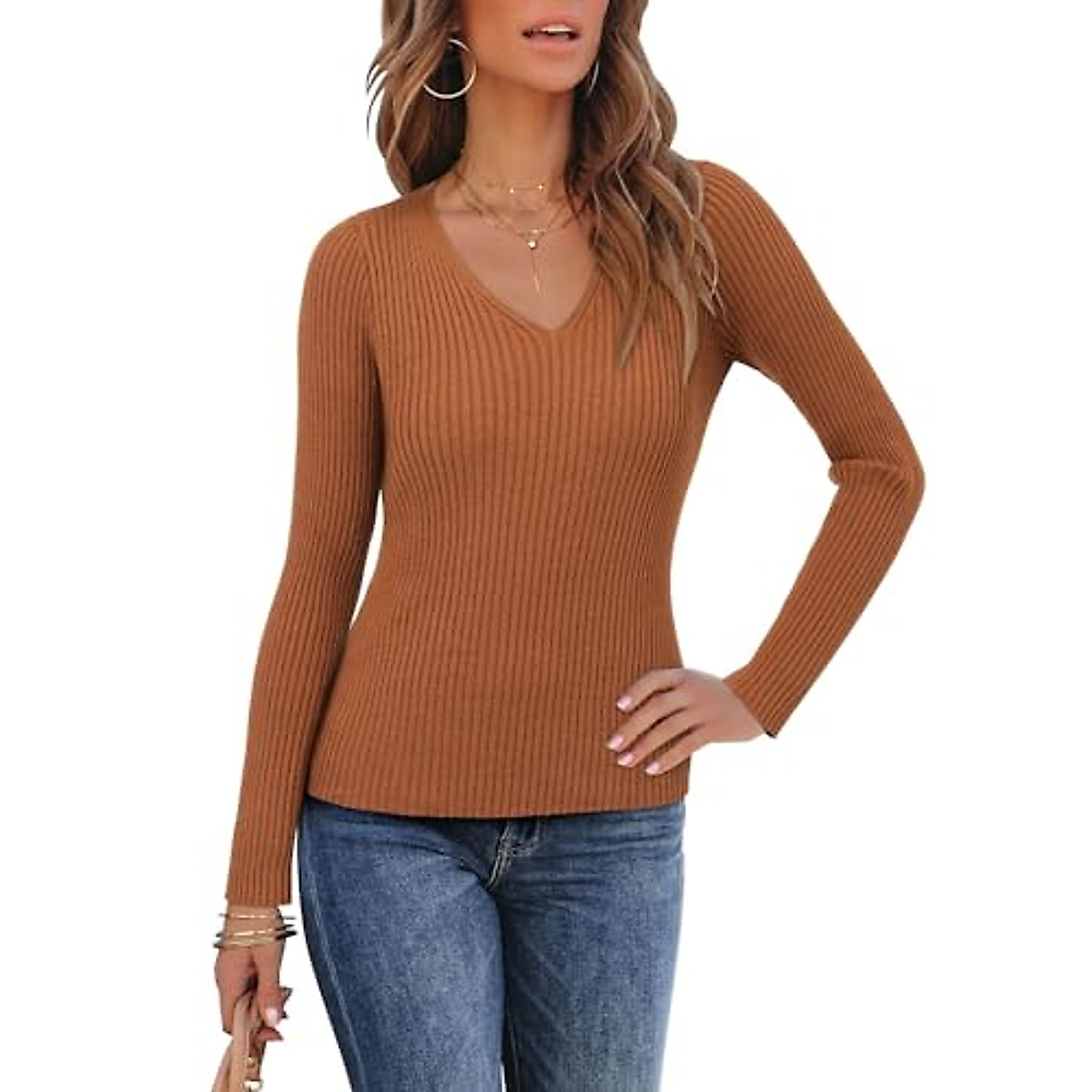 ONLYSHE Women's Long Sleeve Knit Shirts Fall V Neck Pullover Basic Tops Slim Fitted Ribbed Sweaters Fashion Clothes,Caramel L