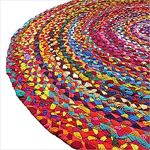 Devik Decor Braided Boho Natural Cotton Chindi Rugs Reversible Non Slip Carpet Handmade Round Area Rug for Farmhouse Living Room Bedroom Kitchen Outdoor Mate, AR01 (3Ft (36 Inches X 36 Inches))
