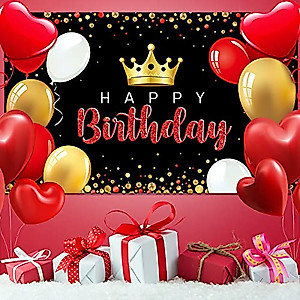 Happy Birthday Backdrop Birthday Banner Birthday Party Decorations Photo Booth Background Supplies Printed with Crown & Balloons 6 x 4ft (Black and Red)