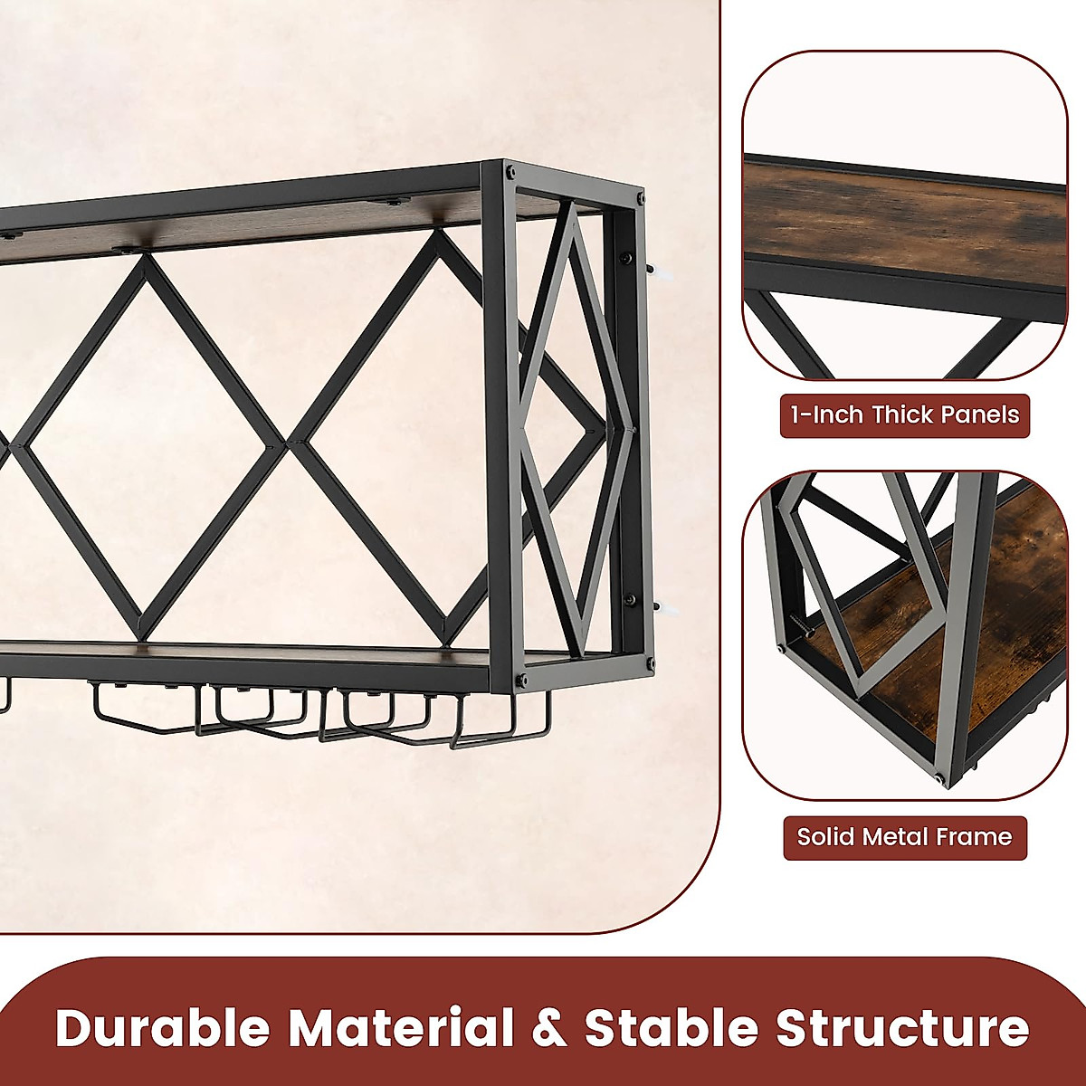 Giantex Industrial Wall Mounted Wine Rack, 39-Bottle Metal Wine Holder Wall with 12 Glass Holder, Hanging Wine Glass Rack Wall Mounted for Home Bar, Kitchen, Dining Room, Rustic Brown