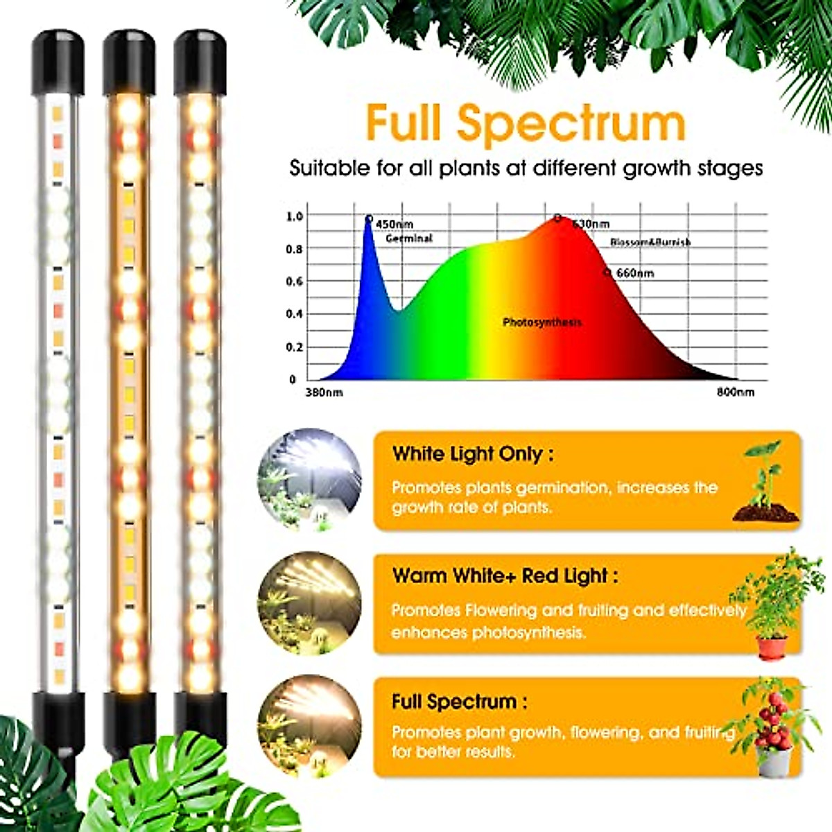 wolezek Grow Light with Stand, [5-Heads] LED Grow Lights for Indoor Plants Full Spectrum, Plant Grow Lamp 3000K 6500K 660nm, 4/8/12H Auto Timer, 12V 3A DC Adapter, Tripod 15-61in