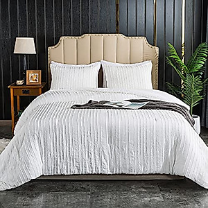Andency White Queen Size Comforter Set, 3 Pieces Boho Tufted Striped Bedding Comforter Set for Queen Bed, All Season Lightweight Soft Fluffy Microfiber Bed Set