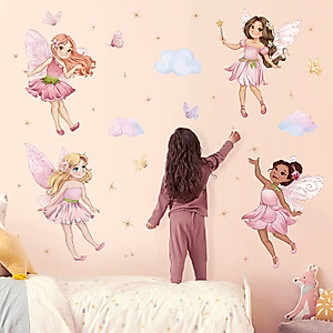 wondever Fairy Wall Stickers Elves Butterfly Girls Peel and Stick Wall Art Decals for Girls Bedroom Kids Room Baby Nursery