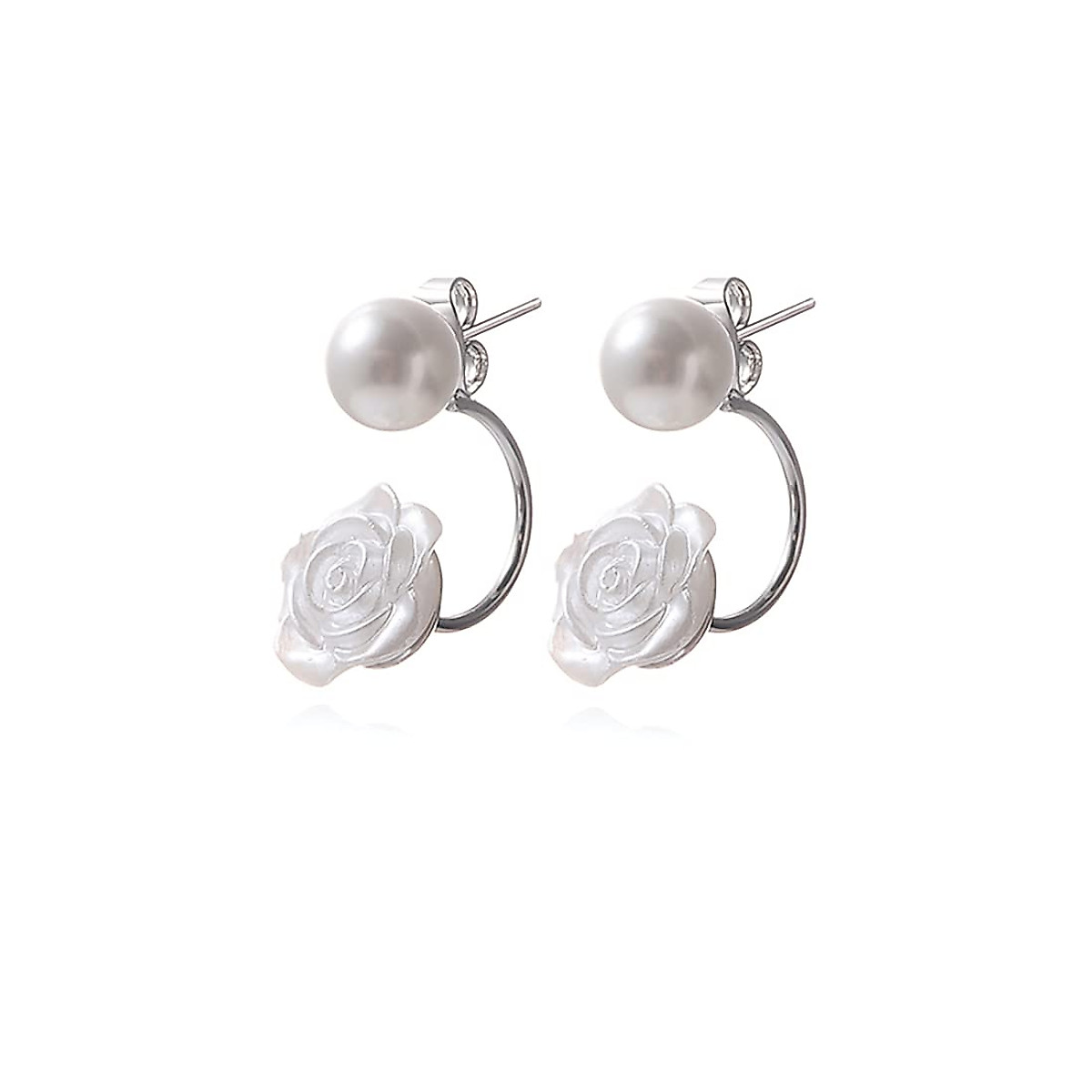 Reffeer Solid 925 Sterling Silver Pearl Jacket Cuff Earrings Wraps for Women Pearl Front Back Stud Earrings