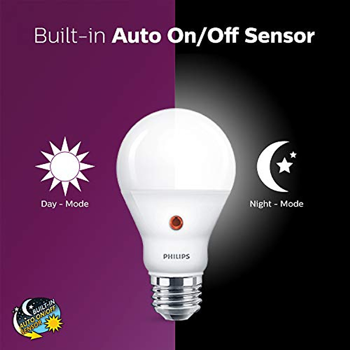 Philips LED Dusk-to-Dawn Outdoor A19 Light Bulb, Flicker-Free, 800 Lumen, Soft White Light (2700K), 8W=60W, E26 Base, 3-Pack (466599)